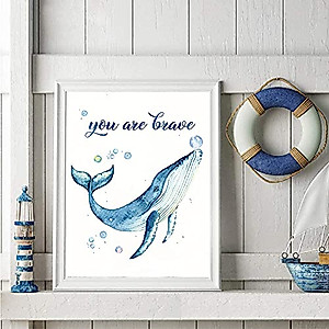 SUUURA-OO Inspirational Words Texture of Dreams Watercolor Sea marine life Art Print Set of 6 (8”X10”), Sea Turtle Seahorse fish whale Jellyfish Watercolor Wall Poster, Blue Ocean Theme Nursery Kids Room Wall Decor