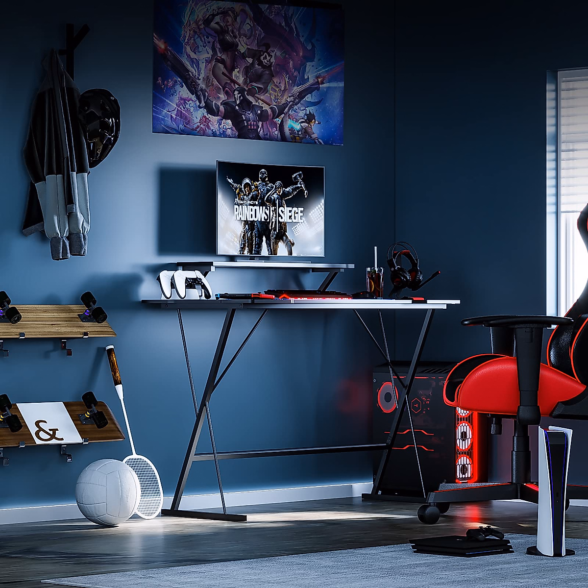 Bizzoelife Gaming Desk Home Office Table: 47Inch Z Shaped Home Office PC Computer Table, Gamer Workstation with Monitor Stand, Racing Style Game Tables with Cable Management Holes