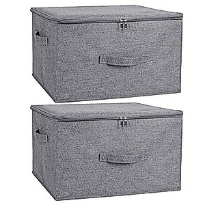 ANMINY 2PCS Storage Bins with Zipper Lid Handles Storage Boxes PP Plastic Board Foldable Lidded Cotton Linen Fabric Home Cubes Baskets Closet Clothes Organizer Containers - Gray, Large Size