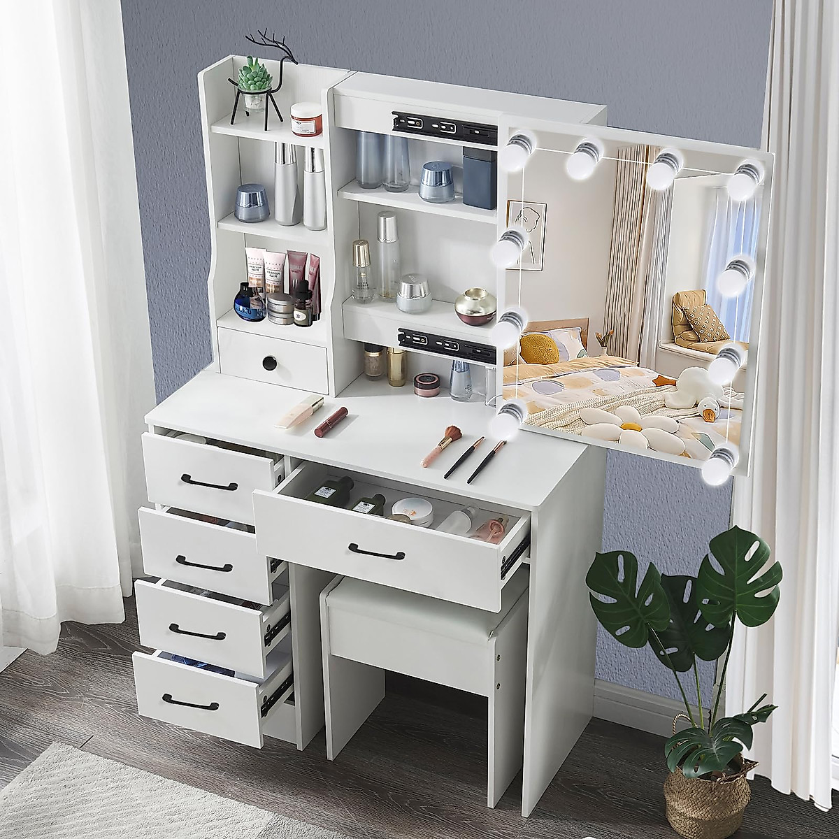 Makeup Vanity Desk with Mirror and Lights, White Vanity Table with Storage Drawers, Lighted Vanity Set with Chair/Stool, Girl's Dressing Table Makeup Desk Small, White Vanity 3056