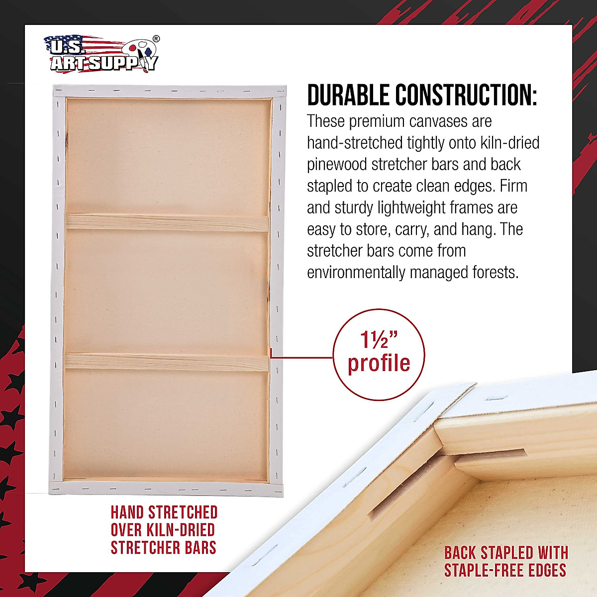 U.S. Art Supply 24" x 48" Gallery Depth 1-1/2" Profile Stretched Canvas 2-Pack - Acrylic Gesso Triple Primed 12-Ounce 100% Cotton Acid-Free Back Stapled Pouring Art