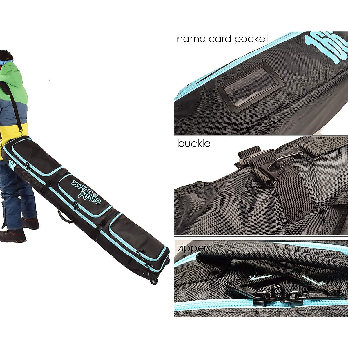 UNISTRENGH Fully Padded Snowboard Bag With Wheels Large Multi-compartment Ski Boots and Helmet Bag Perfect for Travel (Black/Blue, 180cm)