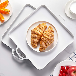 HSDT Square Serving Trays with Handles Melamine White 12.5x12.5 Inch Spill Proof Kitchen Eating Trays Set of 2 for Cafeteria Cafe Food Appeizer Dessert Snack Dinner Lunch Breakfast,TR14-02