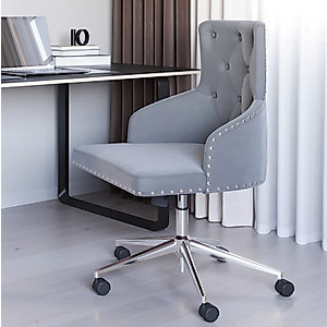 BELLEZE Modern Velvet Desk Chair for Home Office or Bedroom Vanity, Tufted Upholstered Seat with Slim Arms, Adjustable Height, Swivel, Wheels - Belden (Gray)