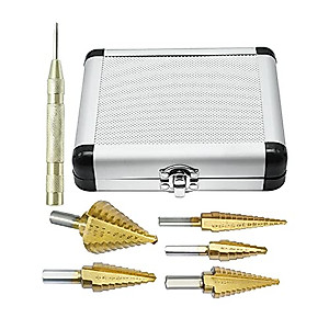 Arkdeffon Step Drill Bit Set & Automatic Center Punch,Titanium Coated, Double Cutting Blades, 5pcs Hss Multiple Hole 50 Sizes (1/8In-1 3/8In) High-Speed Metal Steel with Aluminum Case