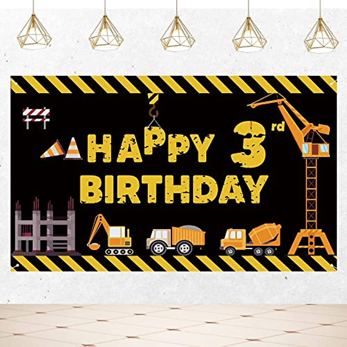 Joyiou Construction Theme Happy 3rd Birthday Decorations Backdrop Banner for Boy Kids, Three Years Old Yellow Black Dump Truck Birthday Party Excavator Crane Sign Supplies Photo Booth Props (5* 3 ft)