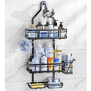5-Pack Stainless Steel Shower Caddy Hanging Shower Organizer, No Drilling Rust-free Adjustable Non-Slip Non-Shake Bathroom Caddy Organizer storage for Inside Bath Over Shower Head Rack Holder, Black