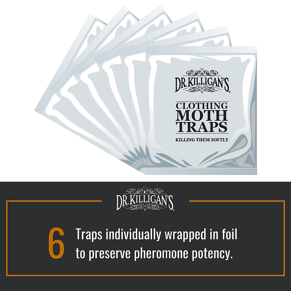 Dr. Killigan's Premium Clothing Moth Traps with Pheromones Prime | 6-Pack Non-Toxic Clothes Moth Trap with Lure for Closets & Carpet | Moth Treatment & Prevention | Case Making & Web Spinning (Black)