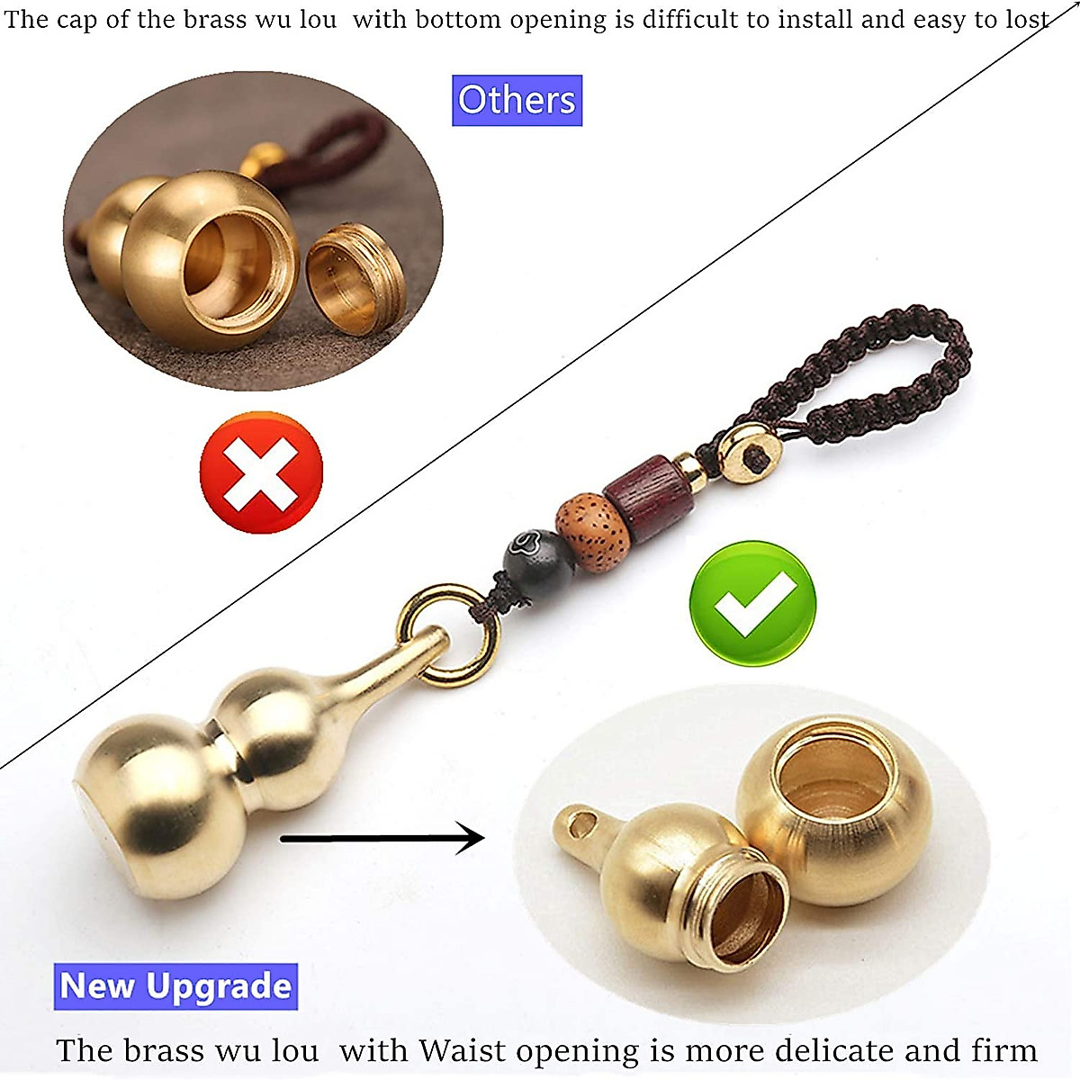 3 Pieces Gourd Brass Keychains,Feng Shui Luck Coins with Brass Calabash Wu Lou Key Ring for Good Luck , Wealth Success & Longevity , Blessing Paper in it, Gold, 2x2x4 inches