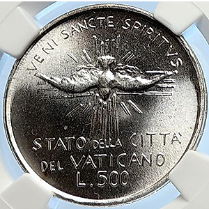1978 1978 VATICAN City CARDINAL Arms & DOVE Genuine AR 500 Lire MS 67 NGC