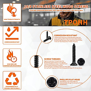 TPOHH 100 PCS #6 X 3/4 inch Stainless Steel 18-8 (A2) Wood Screws, Black Coated Flat Head Phillips Full Threaded No.6 X 0.75 Length Screw, KA35X19SS18-8