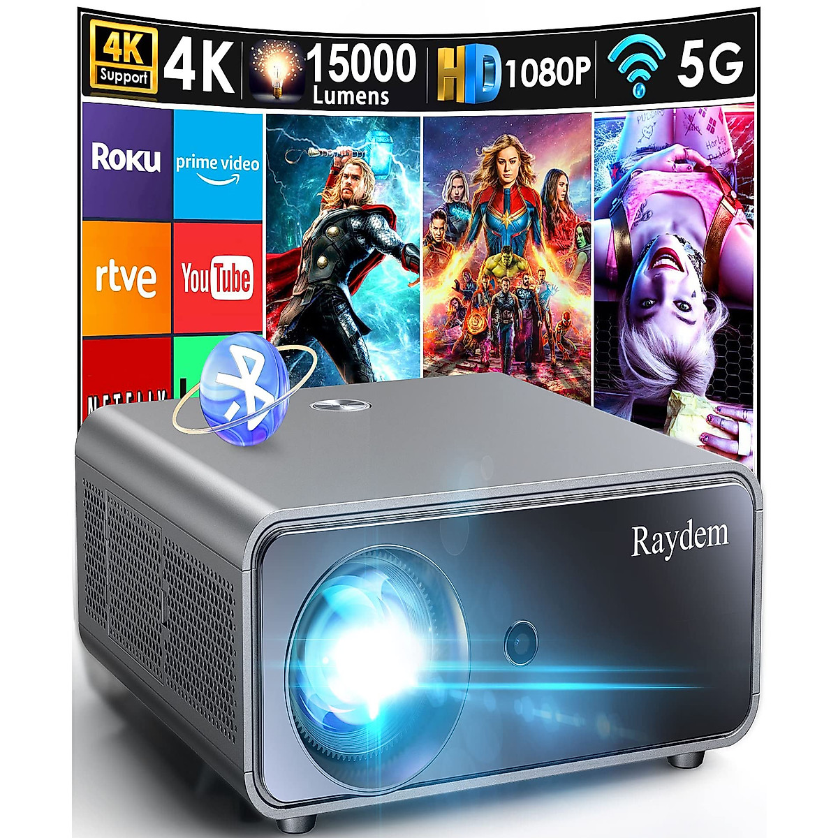 Raydem Portable Projector with 5GHz Wi-Fi & Bluetooth | 1080P, 350 ANSI