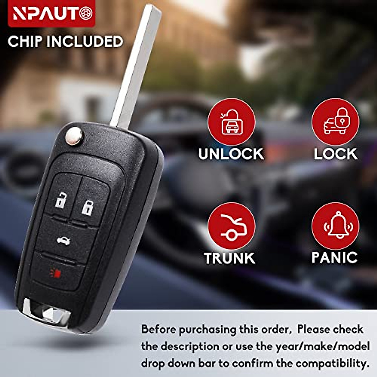 NPAUTO Key Fob Replacement for Chevy Camaro Impala Cruze Equinox Malibu Sonic 2010-2017 | GMC Terrain | Buick Lacrosse Regal Verano Encore Keyless Entry Remote Flip Key Fobs (OHT01060512, 4 Buttons)