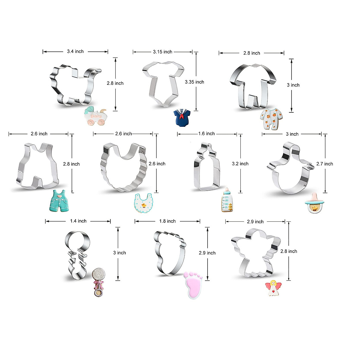 Baby Shower Cookie Cutter Set - 10 Piece - Baby Carriage, Onesie, Baby Romper, Bib, Bottle, Pacifier, Rattle, Foot, Angel Shaped Stainless Steel Cookie Cutters Molds for Kids Birthday Party Supplies