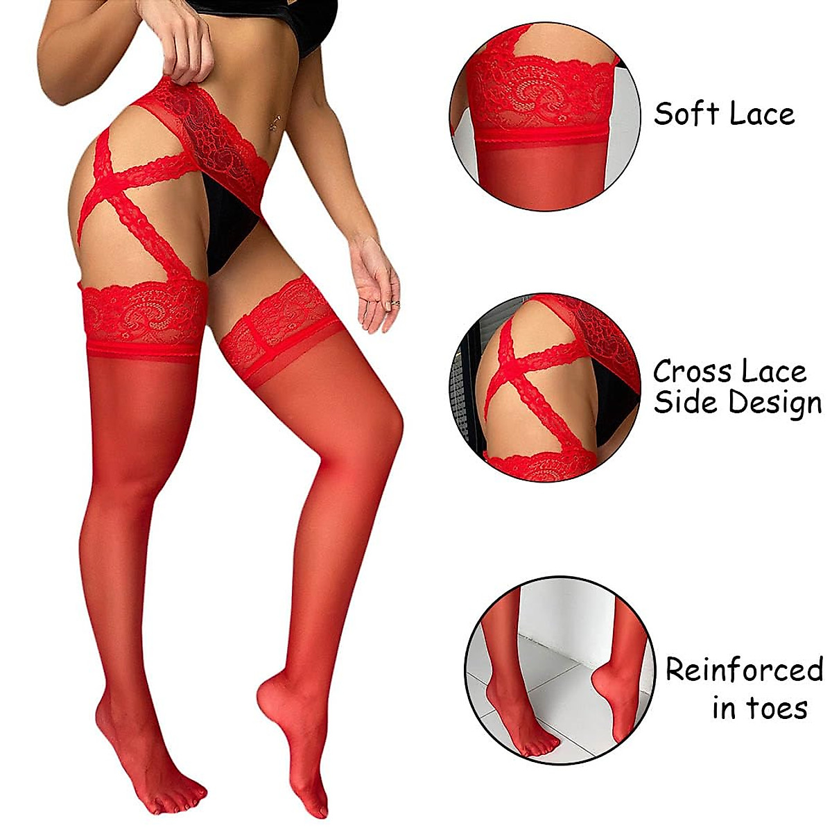 CanB Lace Thigh Highs Garter Stockings High Waist Tights Fishnets Thigh Suspender Pantyhose Stockings for Women (red)