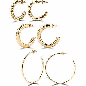 Gold Hoop Earrings Set Women: 14k Plated Hypoallergenic Open Chunky Jewelry Girls Large Thick - Big Thin Lightweight Stainless Steel Golden Loop Earring Pack (Gold)