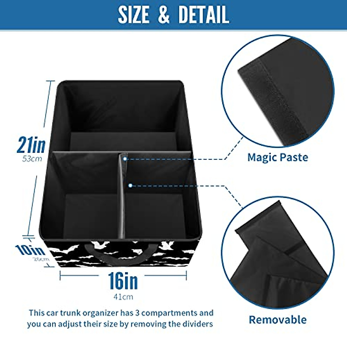 GACTIVITY Black And White Goth Bats Car Trunk Organizer,Collapsible Cargo Storage Tote Bag,Non Slip,3 Divider Compartments, Automotive Interior Accessories for Auto SUV Truck Vehicle Picnic Camping