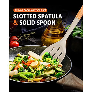 Pack of 3 Silicone Spatula, Non Stick Cooking Utensil Set Wooden Handle Kitchen Turner for Baking Mixing Grilling Serving Food Heat Resistant Non Scratch Hooks Included,Khaki