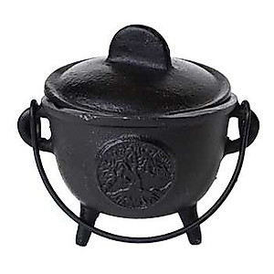 AzureGreen Home Fragrance Incense Holder Cauldrons Tree of Life Cast Iron Three Legged with Handle and Lid 5"