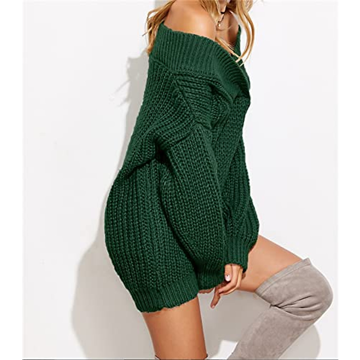 Women's Off Shoulder V Neck Knit Sweater Long Sleeve Waffle Knit Pullover Casual Loose Cable Jumper Tops (3X-Large,Green)