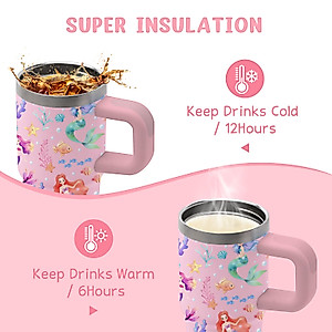 Mermaid Gifts for Girls, Little Mermaid Tumbler with Handle and Straw for Kids 14 oz, Mermaid Gifts for Ocean Lover, Insulated Stainless Steel Mermaid Cup, Mermaid Birthday Gifts for Toddlers Girls