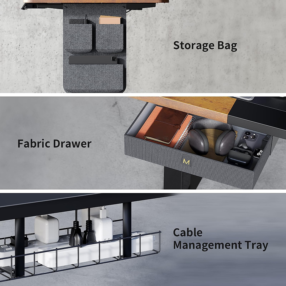 MAIDeSITe Standing Desk Adjustable Height, 55 Inch Stand Up Desk, Electric Sit Stand Desk with Caster Wheels, Drawer and Cable Management Tray for Home Office, Rustic Brown+Black Desktop