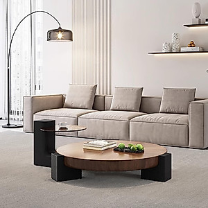 Round Coffee Table, 36in 2-Part Unique Modern Wooden Coffee Tables for Living Room Bedroom Coffee, Solid Wood Coffee Table Leg & Top, Brown Explosion-Proof Glass Small Top