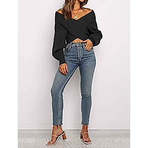 ZCSIA Women's Wrap V Neck Cropped Sweaters 2023 Fall Long Sleeve Cross Front Off Shoulder Solid Knitted Pullover Tops,Black,XLarge