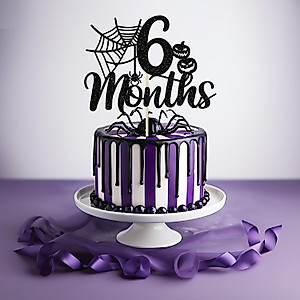 Halloween 6 Months Cake Topper, Halloween Half Birthday Cake Topper, Spider Web Half Birthday Decor, Halloween Themed Birthday Baby Shower Party Decorations, Black Glitter