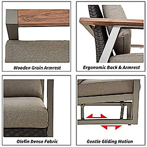 Festival Depot Patio Glider Metal Loveseat Chair Swing Bench with Cushions and Wicker Back Outdoor Furniture for Garden Backyard, Dark Grey