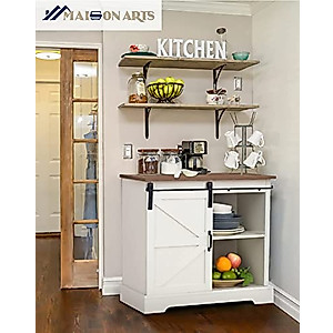 MAISON ARTS Farmhouse Coffee Bar Cabinet Buffet & Sideboard Kitchen Storage Cabinet Cupboard with Sliding Door for Kitchen Dining Living Room, Oak + Ivory