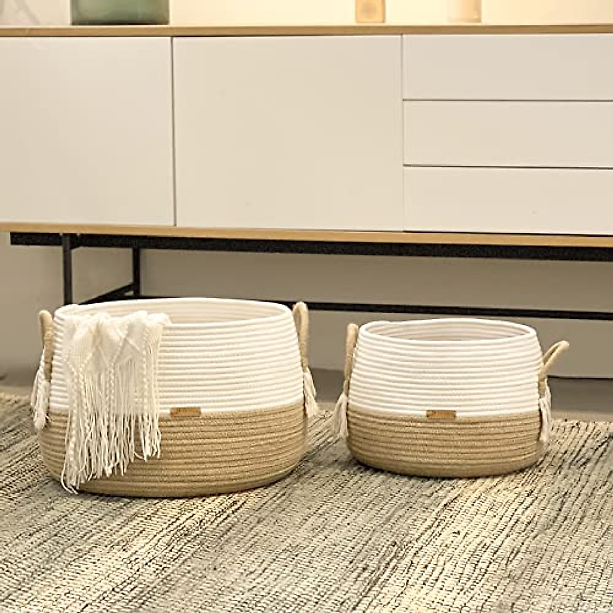R RUNKA Large Basket for Toys - Boho Baskets for Living Room,Bedroom,Nursery- Pack of 2-15.7"x 11.8" & 11.8"x9.8"