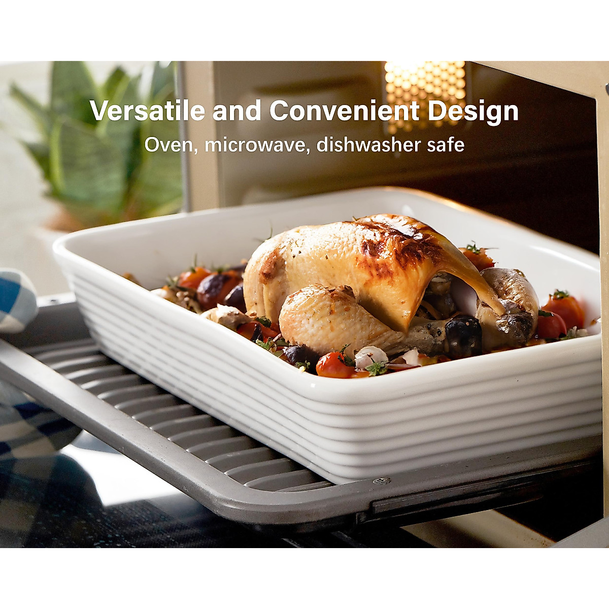 ONEMORE Ceramic Baking Dish, 9x13 Baking Pan Casserole Dish Large Rectangular Baking Dishes for Oven Deep Dish Lasagna Pan for Family Meals Ribbed White Bakeware for Roasting & Serving