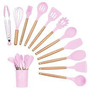 Silicone Cooking Utensils Kitchen Utensil Set, 12 PCS Wooden Handle Nontoxic BPA Free Silicone Spoon Spatula Turner Tongs Kitchen Gadgets Utensil Set for Nonstick Cookware with Holder (Pink)