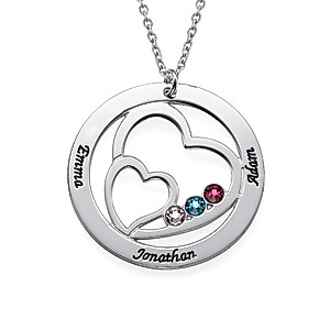 Heart in Heart Birthstone Necklace in Sterling Silver - Personalized Engraved with Any Name for Moms