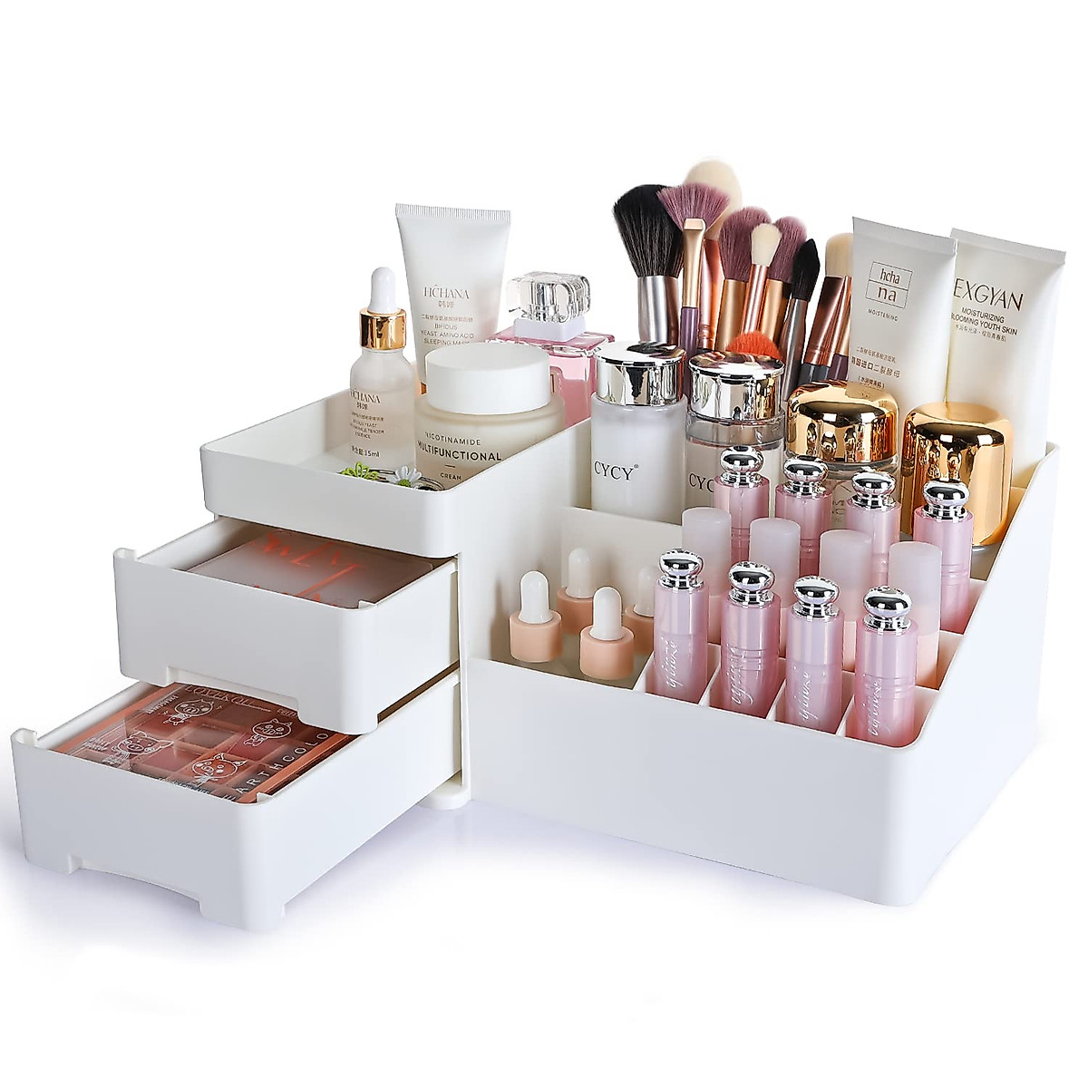 Makeup Organizer,Cosmetic Desk Storage Box with Drawers Skincare Organizers for Dressing Table, Countertop, Bathroom Counter, Vanity Holder for Brushes, Lotions, Lipstick and Nail Polish