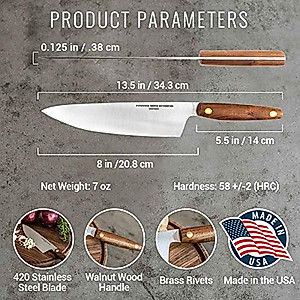8 Inch Chef Knife - Made in USA - 420 High Carbon German Steel - Professional Sharp Knife made with American Black Walnut Wood Handle