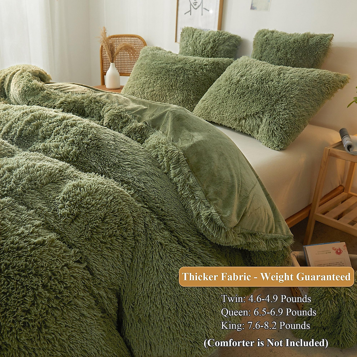 XeGe Plush Shaggy Duvet Cover Set, Luxury Soft Crystal Velvet Fluffy Furry Bedding Sets 3 Pieces(1 Faux Fur Fuzzy Comforter Cover + 2 Faux Fur Throw Pillow Shams), Zipper Closure (Queen, Sage Green)