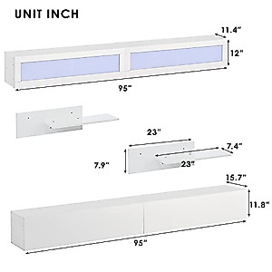 Merax Wall Mount Floating TV Stand with Four Media Storage Cabinets and Two Shelves, Modern High Gloss Entertainment Center for 95+ Inch Television, 16-Color RGB LED Lights for Living Room, White