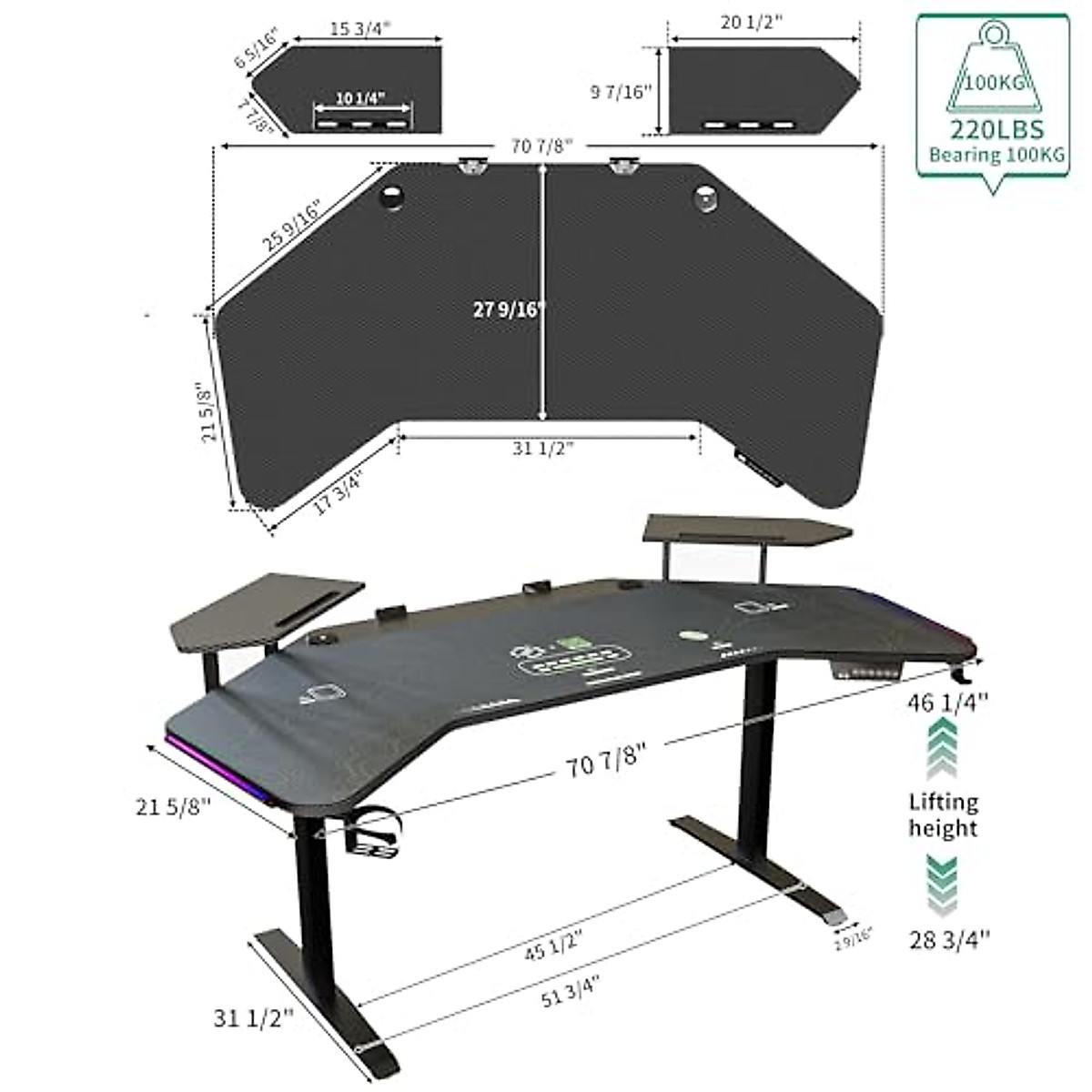 JWX Standing Gaming Desk with Aluminum Alloy Led Lights, 72'' Wing Shaped Large Gaming Studio Music Desk with Slot Design Shelves, for Live Streamer, Social Media Influencer & Music Recording