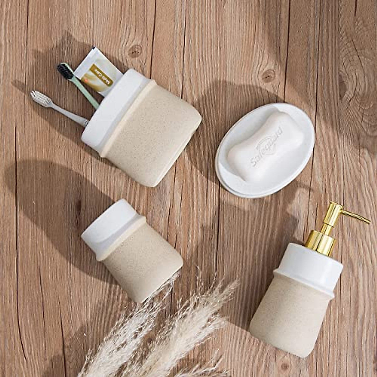 Bathroom Accessory Set 4 Piece & Small Trash Can Wastebasket, Rustic Farmhouse Bathroom Decor, Living Room Decor, and Accessories, Sand Glaze Non-Slip Design, Beige