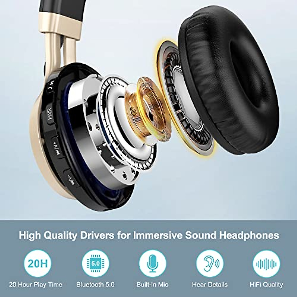 BASEMAN Wireless Bluetooth Headphones Over Ear, Long Battery Life Stereo Deep Bass Headset with Mic Wireless and Wired Headphones for iPhone Computer TF Card Slot Teens Boys Men Adults - Black Gold