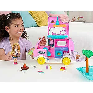 Barbie Toy Camper & Chelsea Doll, 2-in-1 Playset with 2 Pets & 15 Accessories, Vehicle Transforms into Camp Site (Amazon Exclusive)