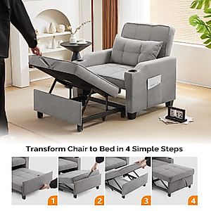 VINGLI Convertible Sleeper Chair 3-in-1 Sofa Bed Light Gray, Pull Out Couch Sleeper Sofa Recliner with USB Ports, Cup Holders, Side Pockets for Small Space Living Room, Bedroom