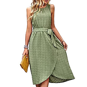 Falechay Midi Dresses for Women Wedding Guest with Belt Pocket Crew Neck Sleeveless Green Dress L Loose Vacation