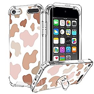 KANGHAR iPod Touch 7/6/5 Case, Cute Cow Print with Screen Protector,Kickstand Ring Holder Soft TPU Bumper Shockproof Cover for iPod Touch 5th/6th/7th Generation-Pink Brown