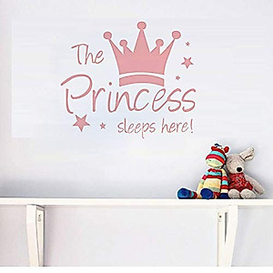 The Princess Sleep Here Crown Stars DIY Removable Peel and Stick Wall Decals with Quote Wall Stickers Decor for Girls Kids Bedroom Nursery Birthday Party Favor