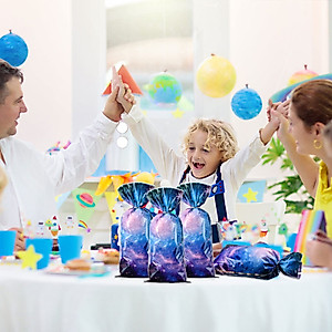 100 Pieces Outer Space Party Bags Plastic Galaxy Theme Bags Goodie Favor Bags Party Candy Bags with 100 Silver Twist Ties for Birthday Baby Shower Supplies