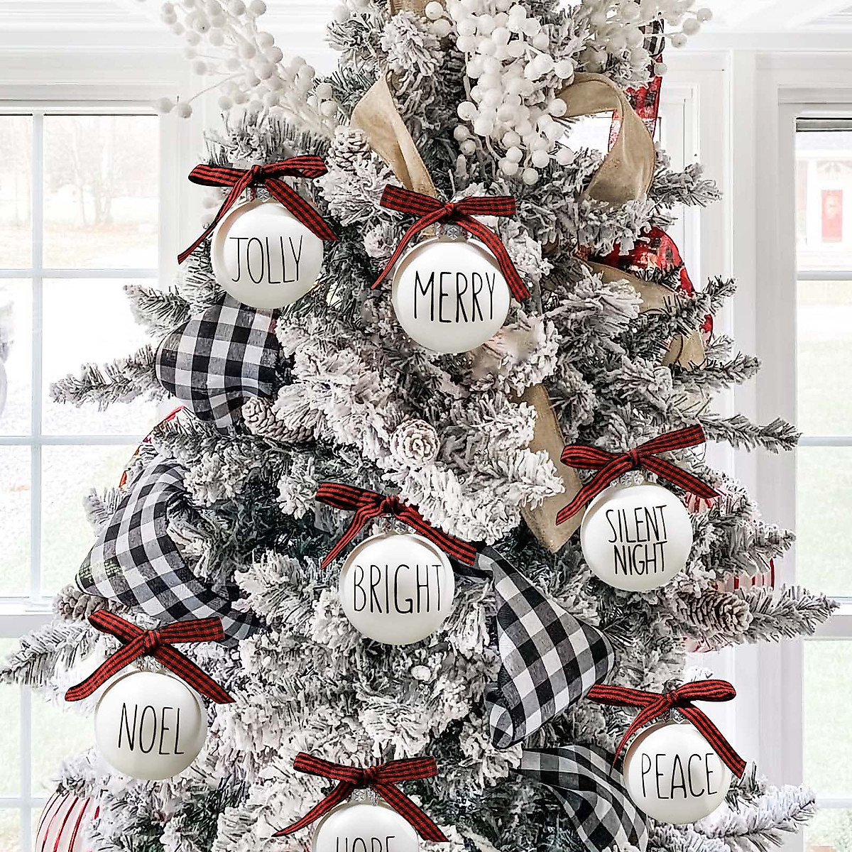 Christmas Ornaments - Set of 12 Shatterproof White Bulbs Adorned with Buffalo Plaid Bows - Rustic Farmhouse Christmas Tree Decorations for Xmas Tree Decor