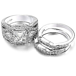 AONEW Women Engagement Wedding Ring Set White Gold 3pcs Princess White Cz Size 5-12 Size 9